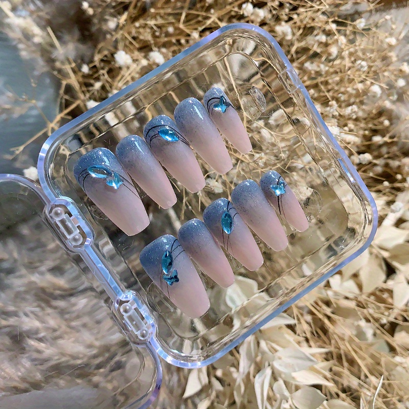 Handmade Press Nails Glitter Blue Nails Luxury - Temu United Kingdom