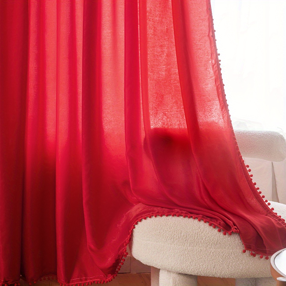 Curtain Red Pom Poms Rod Pocket Window Treatment - Temu