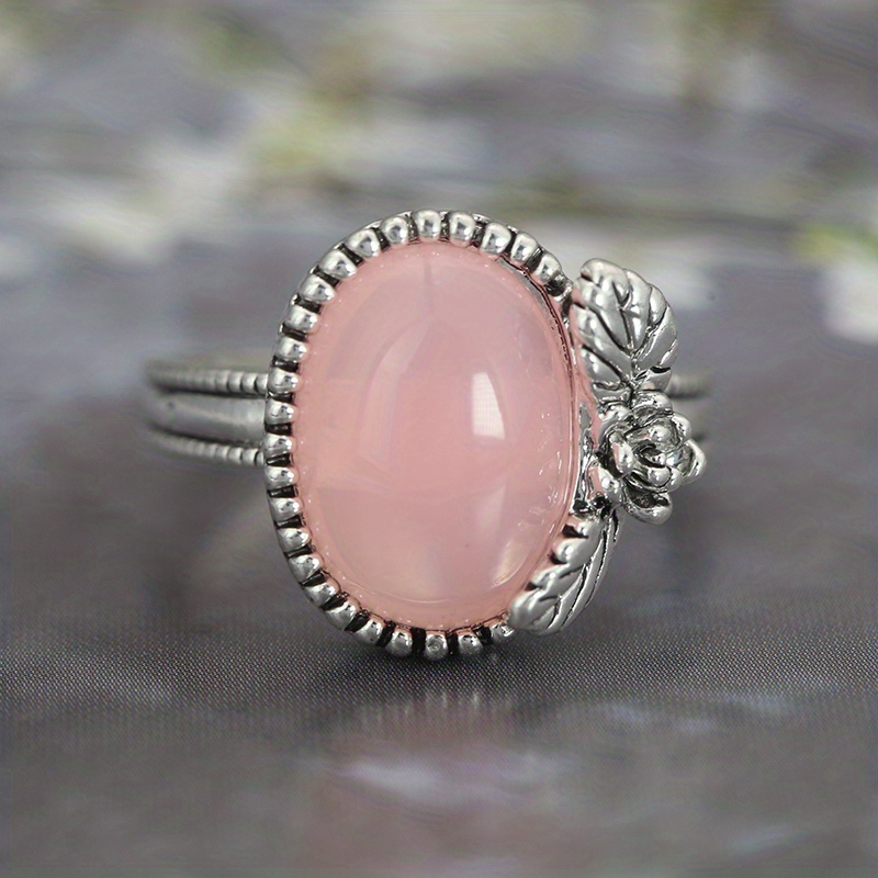 Rose Flower Ring Vintage Metal Carved Leaves Inlaid With Pink Zircon ...