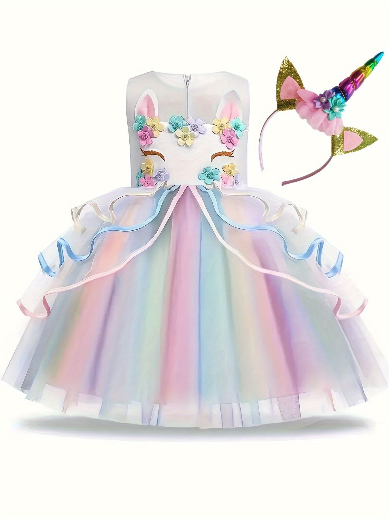 Girls Unicorn Princess Dress Cute Unicorn Floral Print Mesh - Temu Kuwait