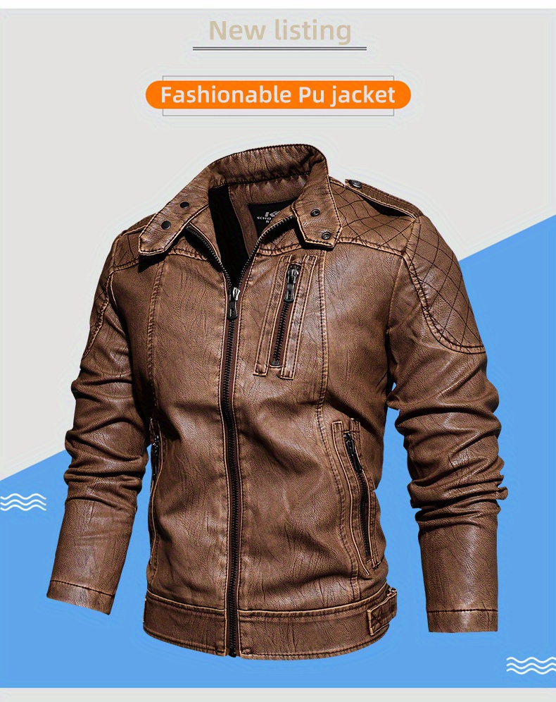 Trendy Pu Biker Jacket Men's Casual Zipper Pockets Stand - Temu