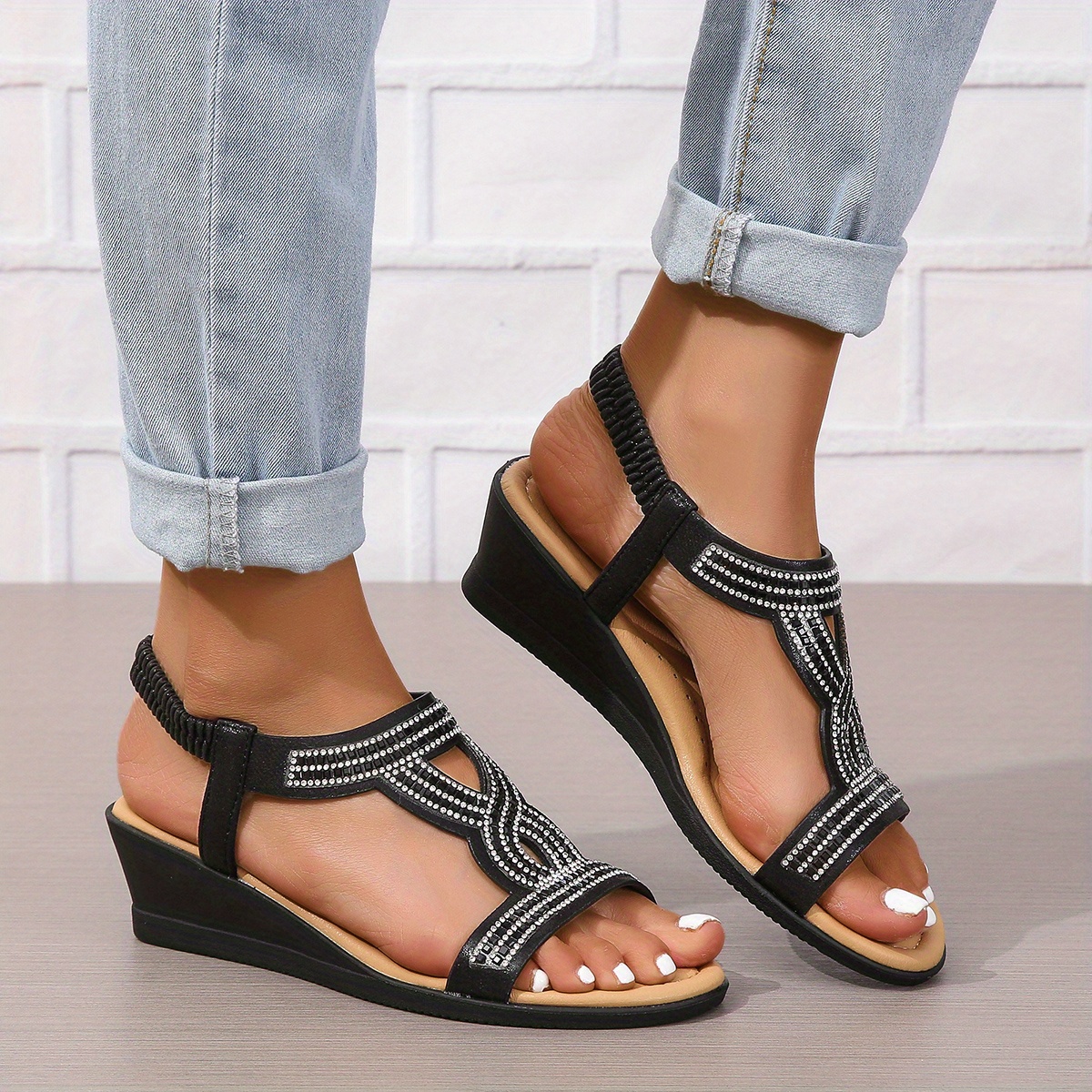 Women's Rhinestone Wedge Sandals Boho Style Open Toe Elastic - Temu Denmark