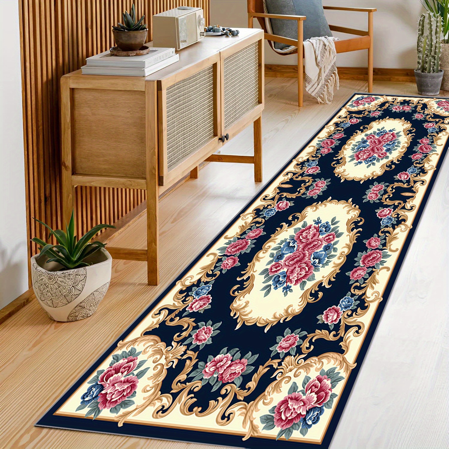 Vintage Floral Runner Rug: Non-slip, Machine Washable, Low-pile ...