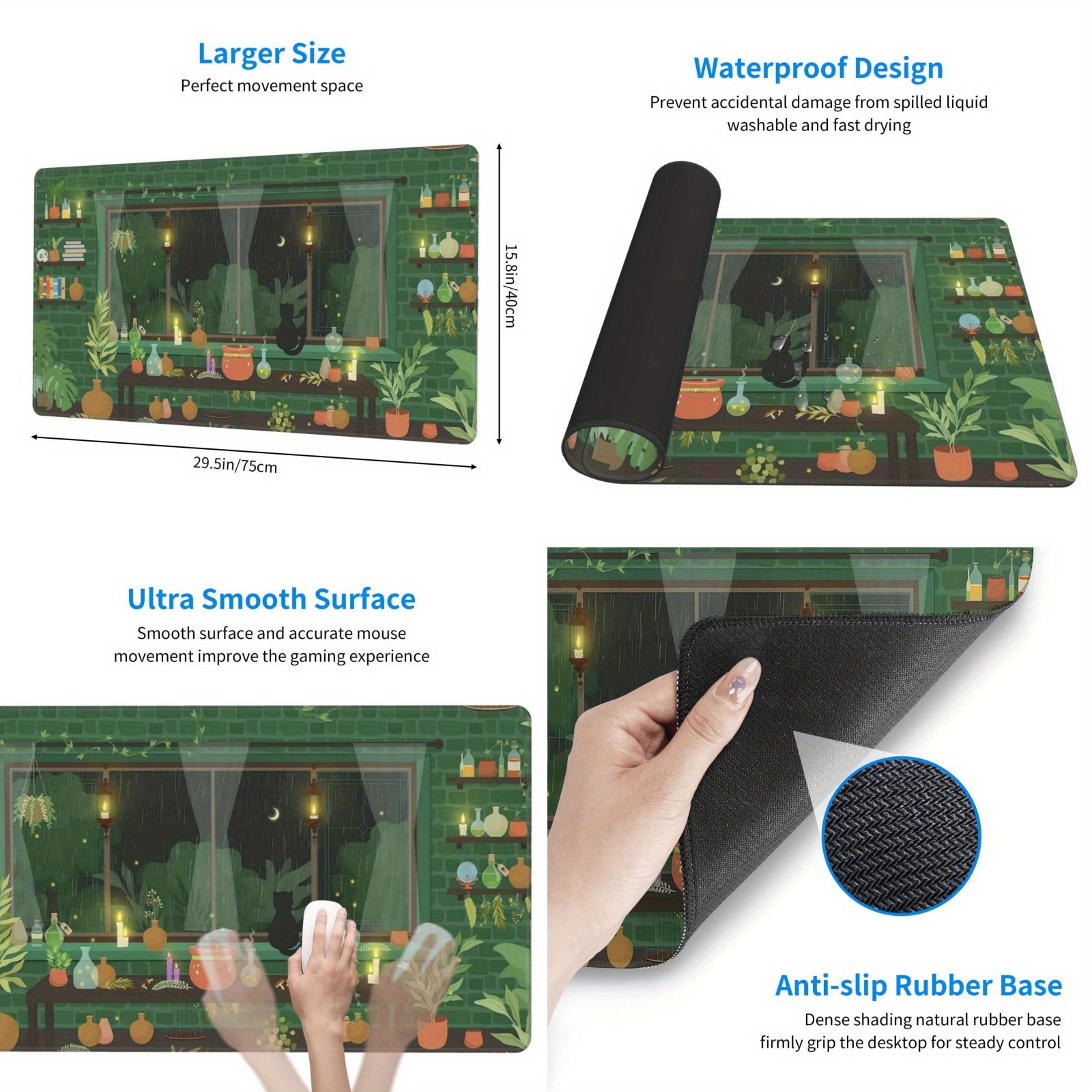 Cute Green Desk Mat Witchy Plants Mouse Pad Cozy Rainy - Temu