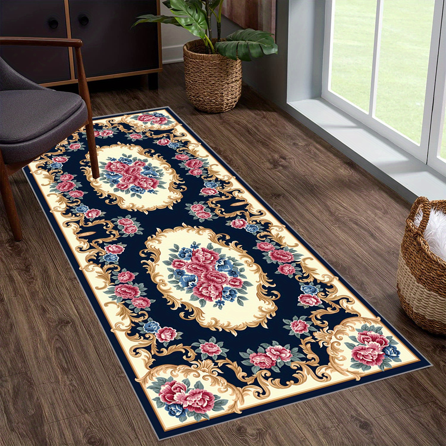 Vintage Floral Runner Rug: Non-slip, Machine Washable, Low-pile ...