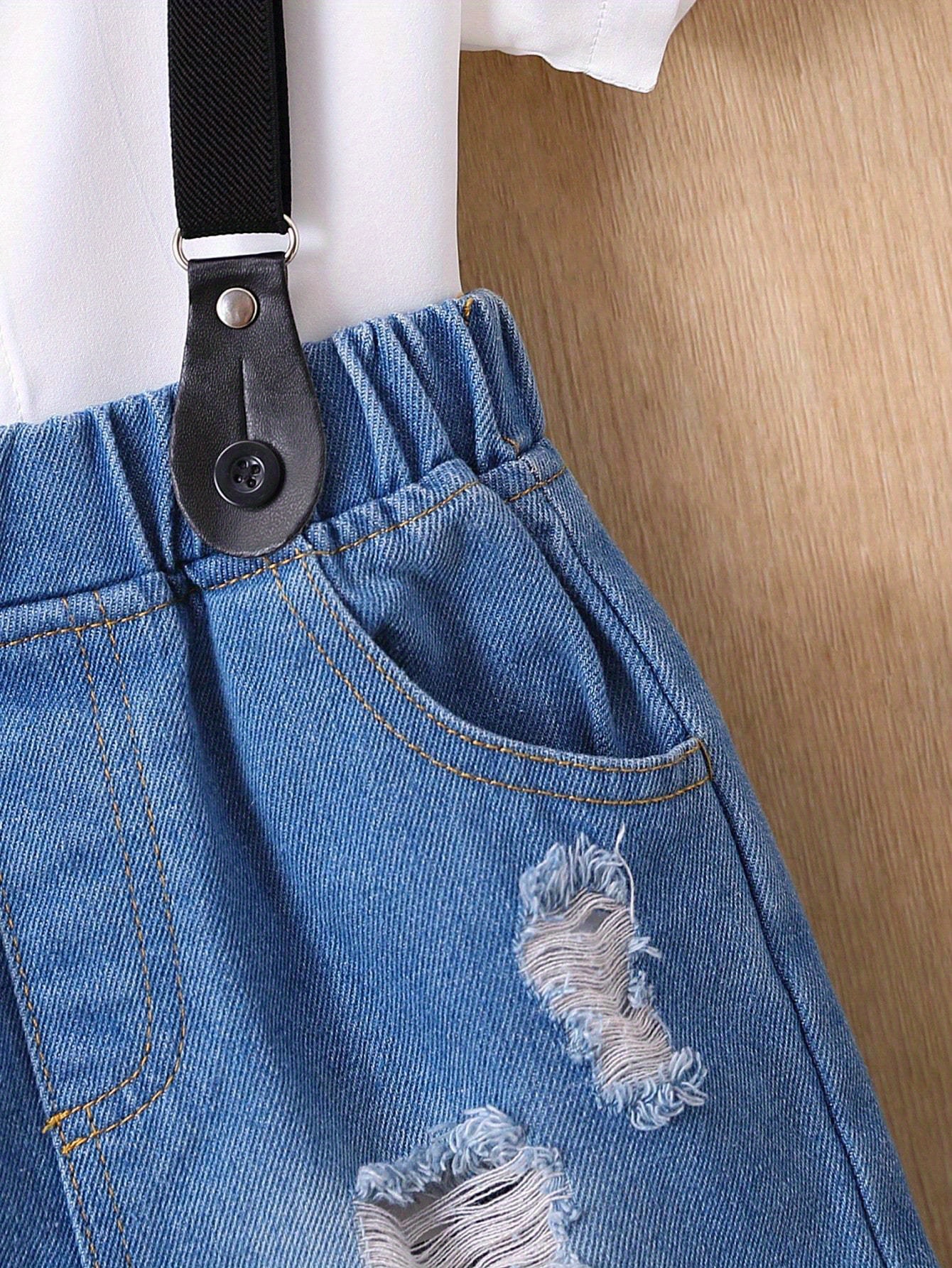 Boys Short Sleeve Shirt Top Denim Suspender Shorts Ripped - Temu Ireland