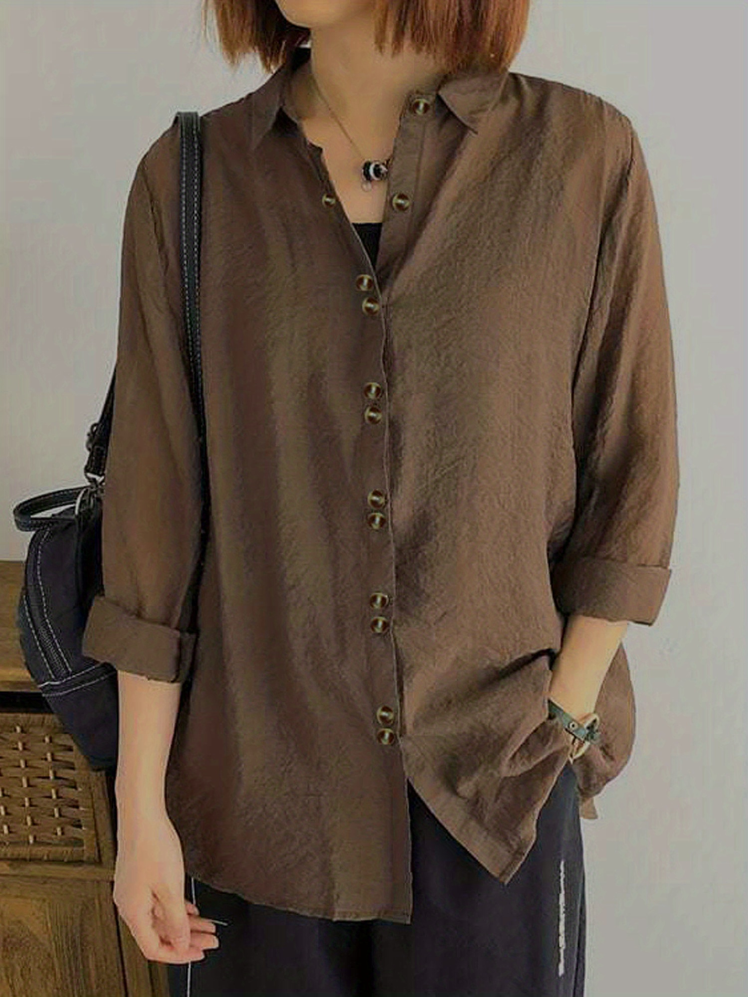 Solid Button Front Shirt Casual Loose Long Sleeve Shirt - Temu