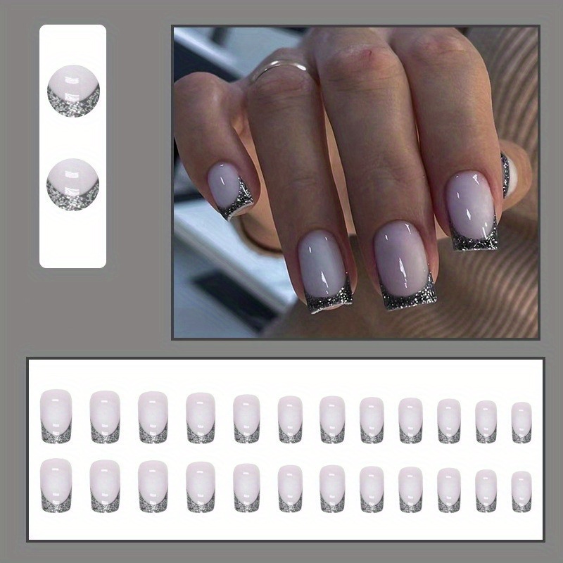 Sparkling French Tip Press Nails Medium Glue Nails - Temu United Kingdom