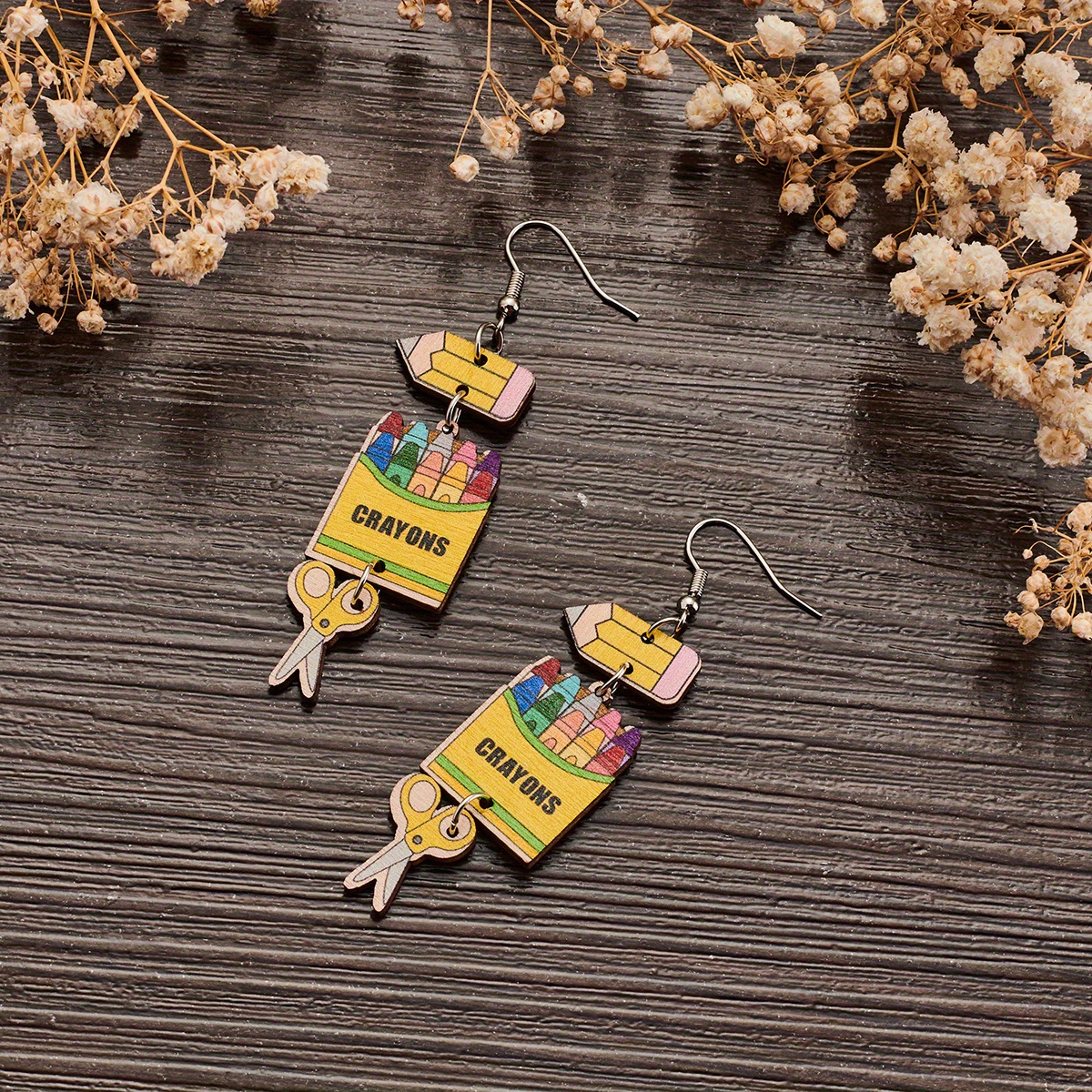 Dangle Earrings Yellow Stationery Crayon Pencil Scissors - Temu Australia