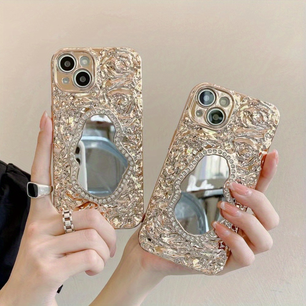 Rose Pleated Wrinkle Set Rhinestone Mirror Phone Case Iphone - Temu ...