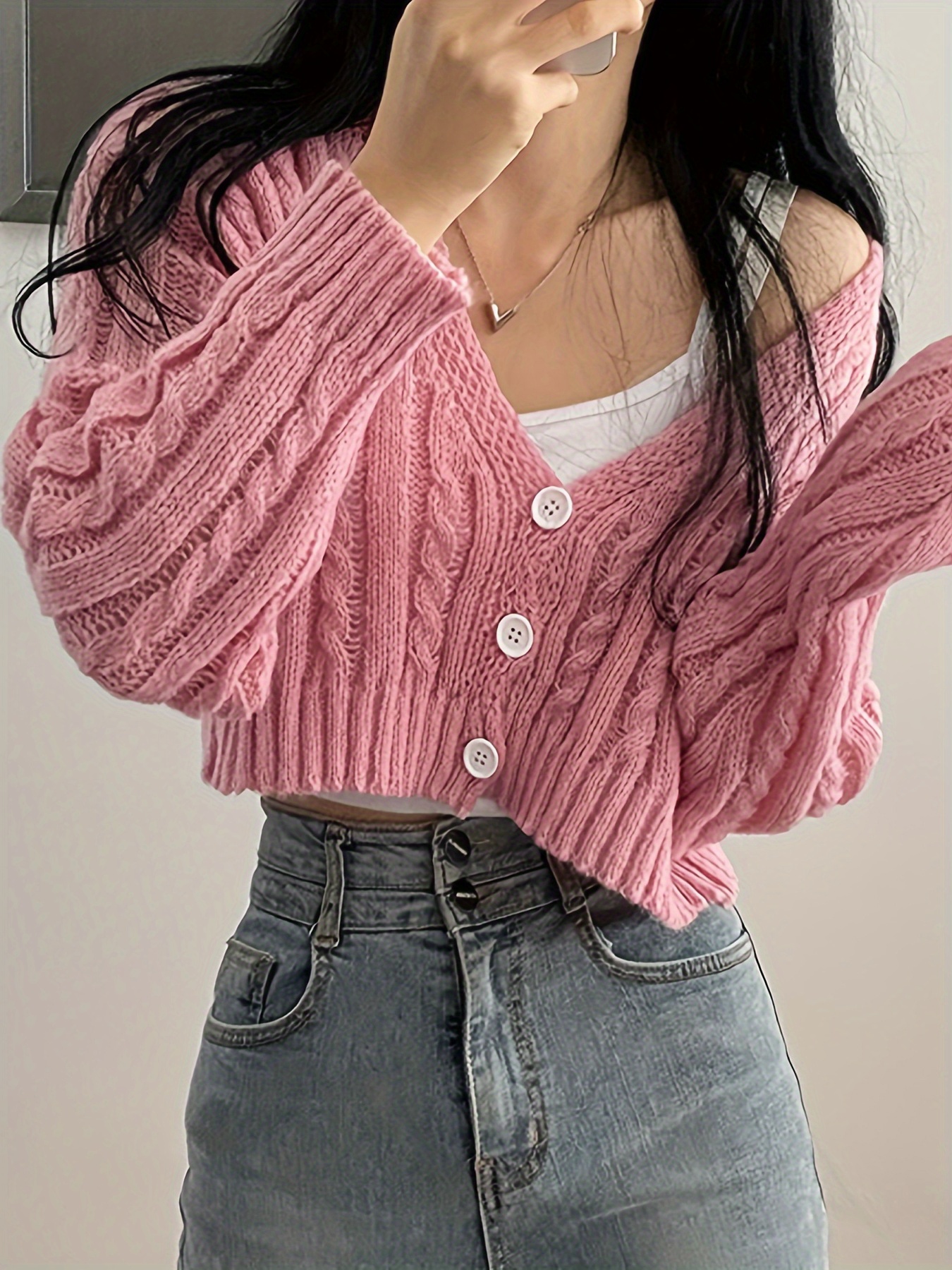 solid v neck button cardigan casual long sleeve crop sweater - Temu Norway