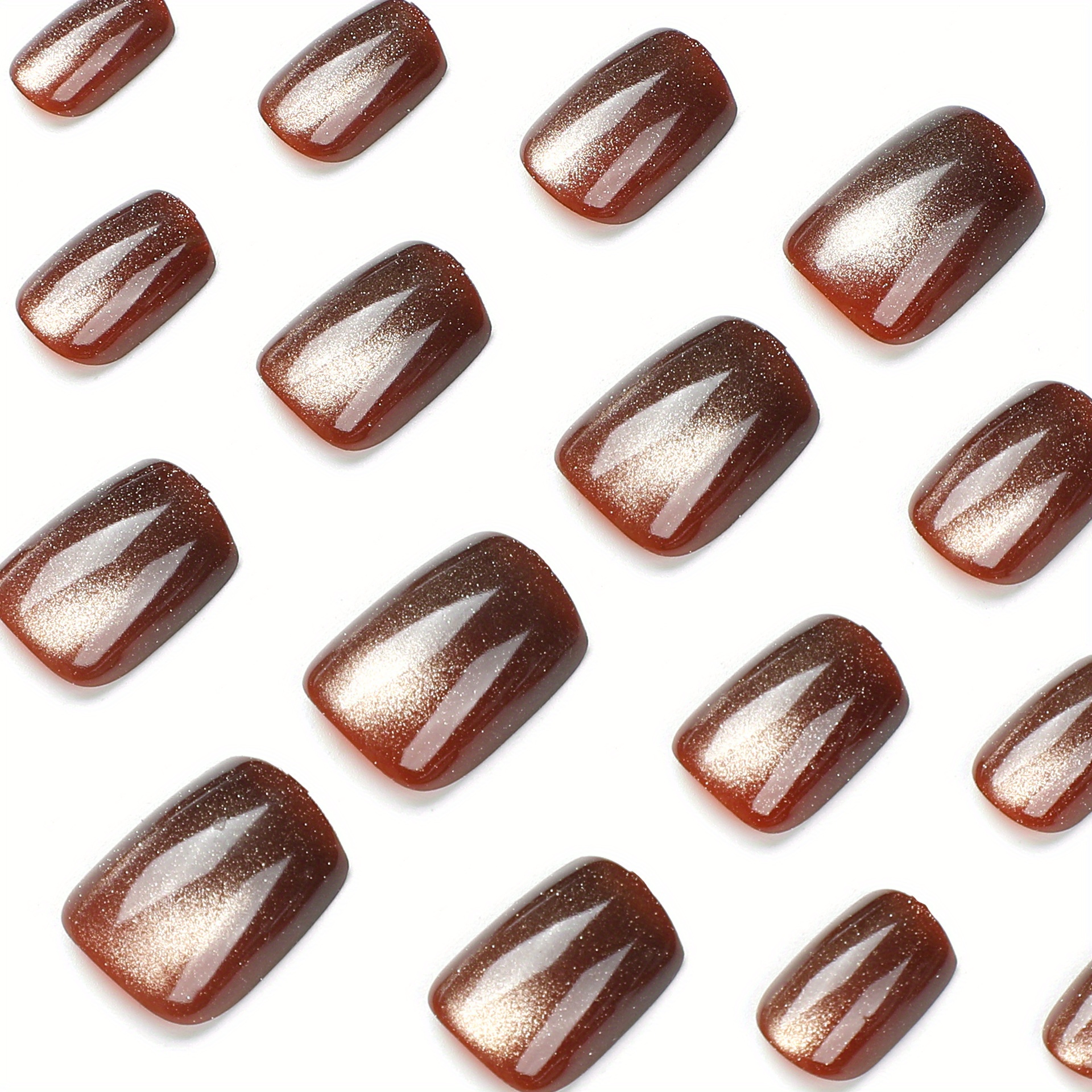 Reflective Glitter Cat Eye Nails Brown Gradient Press - Temu