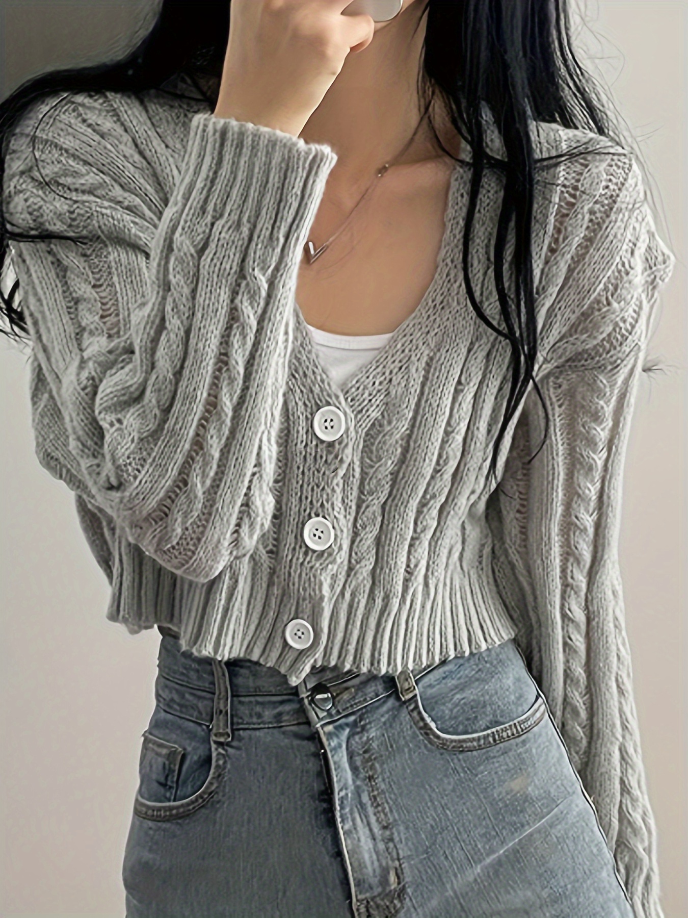 Solid V Neck Button Cardigan Casual Long Sleeve Crop Sweater - Temu ...