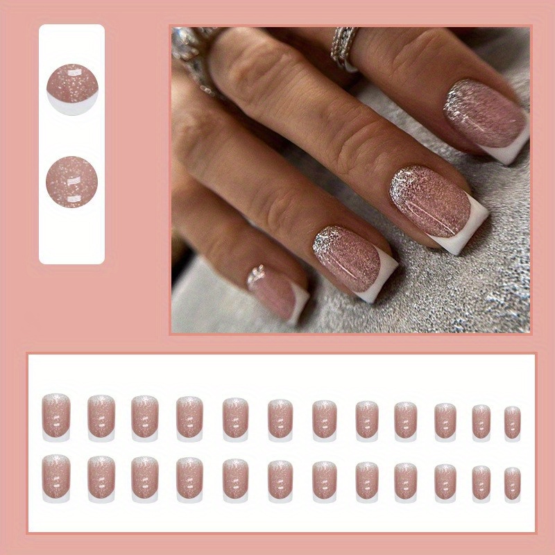 Sparkling French Tip Press Nails Medium Glue Nails - Temu United Kingdom