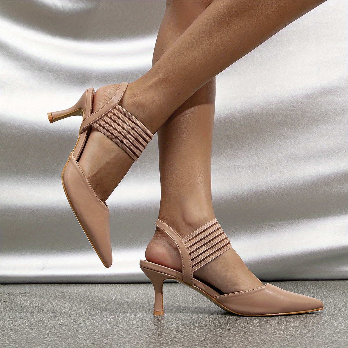 Women's Pointed Toe Kitten Heels Solid Color Elastic Strap - Temu
