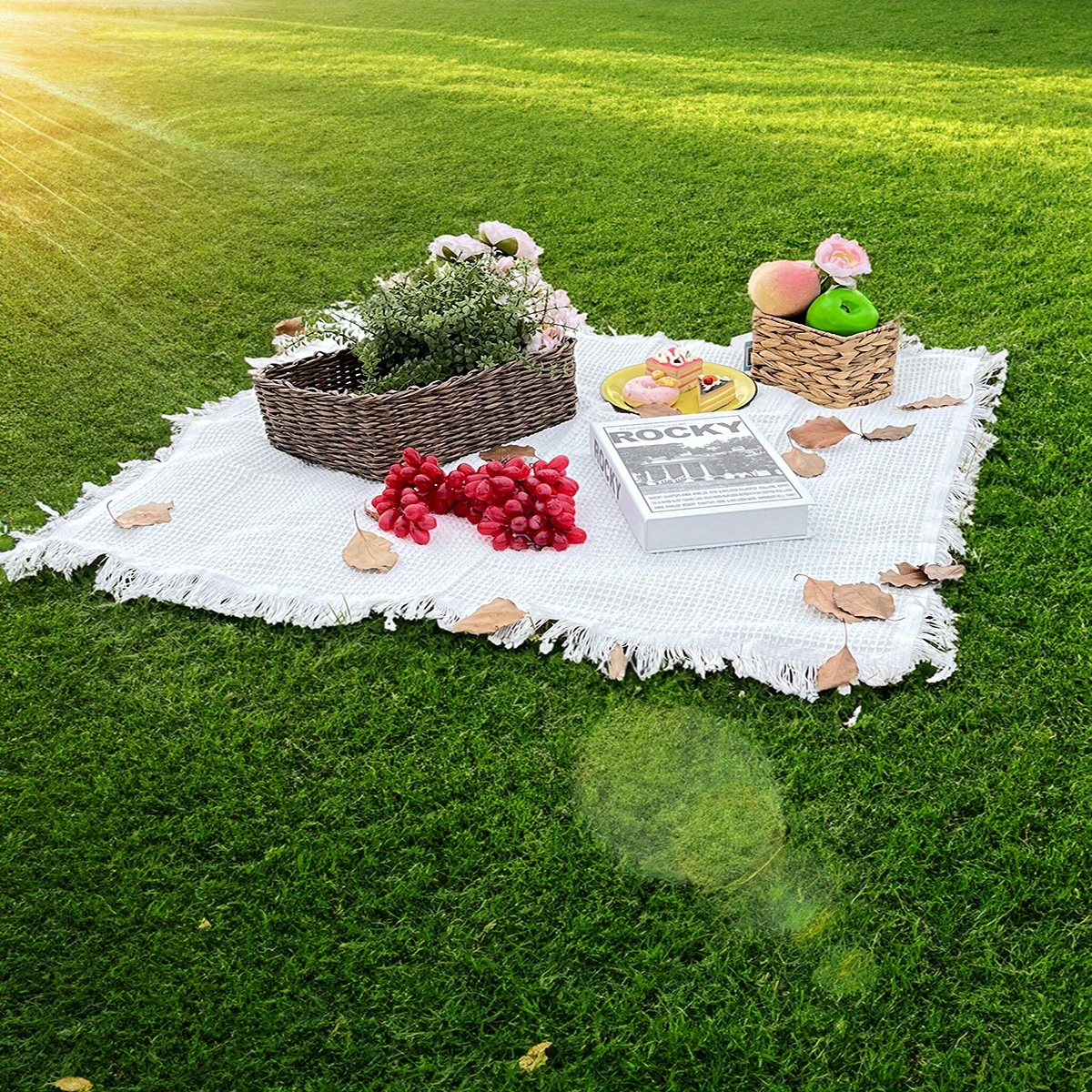 1pc Waffle Weave Mat Polyester Blended Fringe Trim Picnic Mat For ...