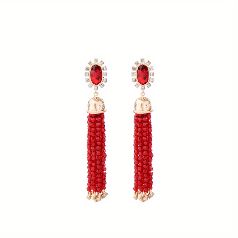 Full Red Synthetic Gems Decor Tassel Design Dangle Earrings - Temu ...