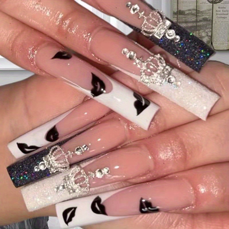 Lip Press Nails Long Crown Rhinestone False Nails Full Cover - Temu ...