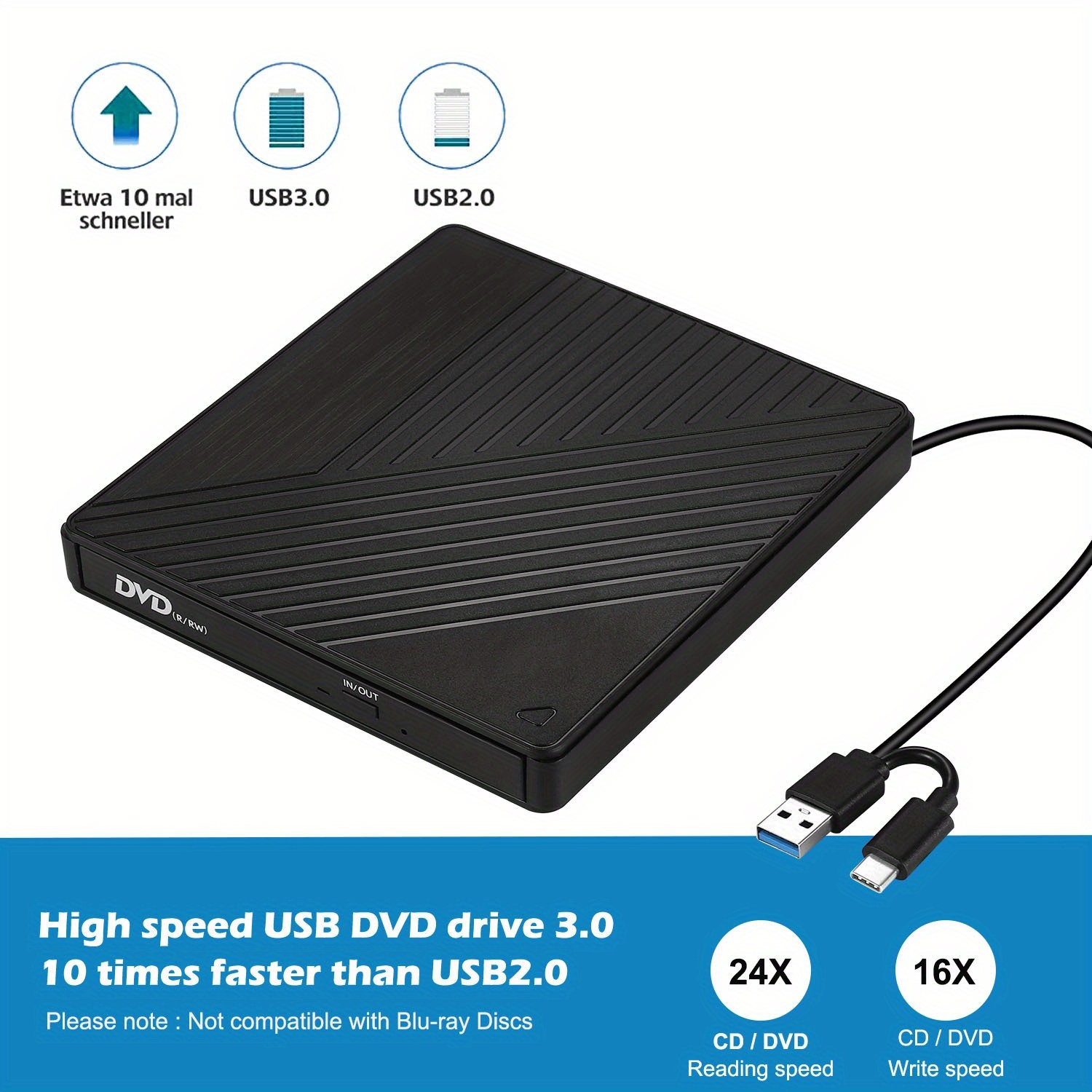 up 모바일 포터블 외장형 8X DVD RW CD 플레이어 버너 USB 3.0 Type A 및 Typ - Temu ...