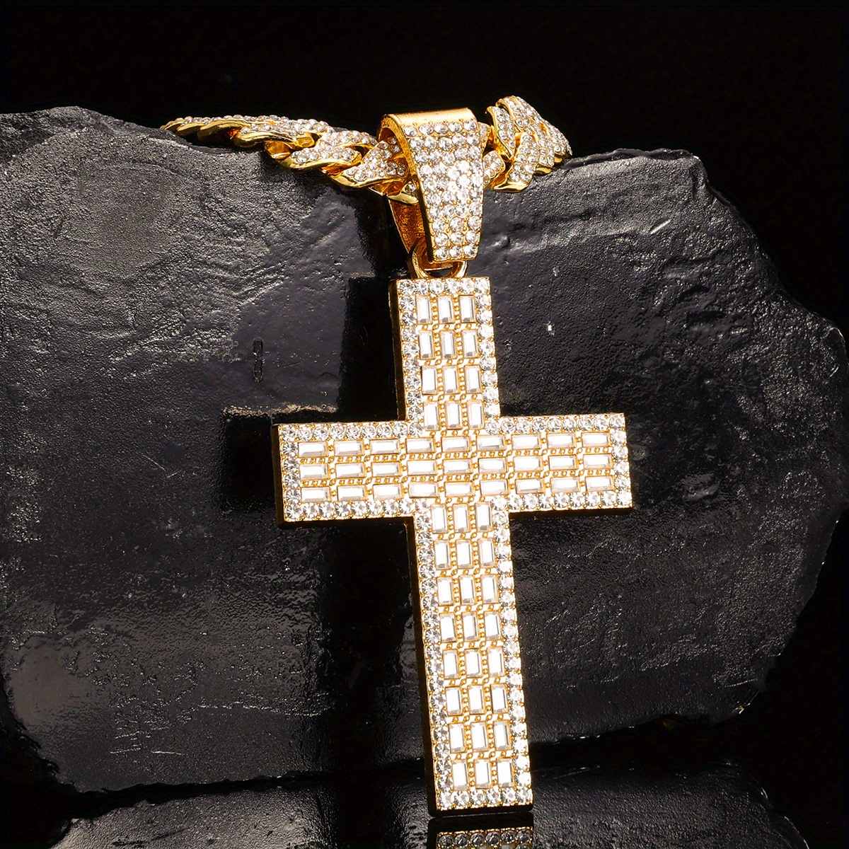 Men's Rhinestone Cross Pendant Necklace Hip Hop Cuban Chain - Temu
