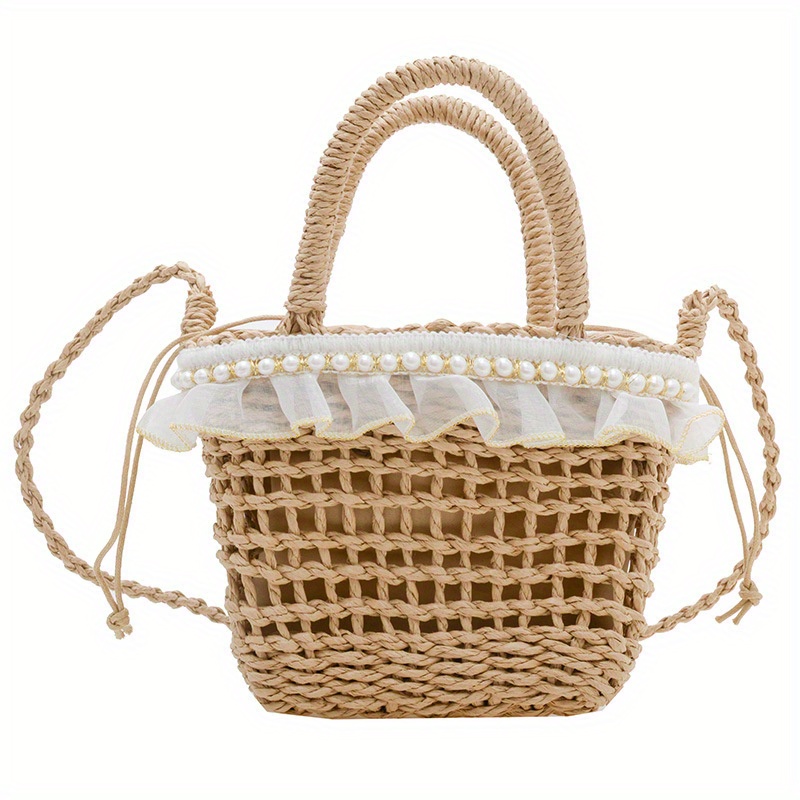 Children's Lace Decor Straw Woven Tote Bag Hollow Handbag - Temu Australia