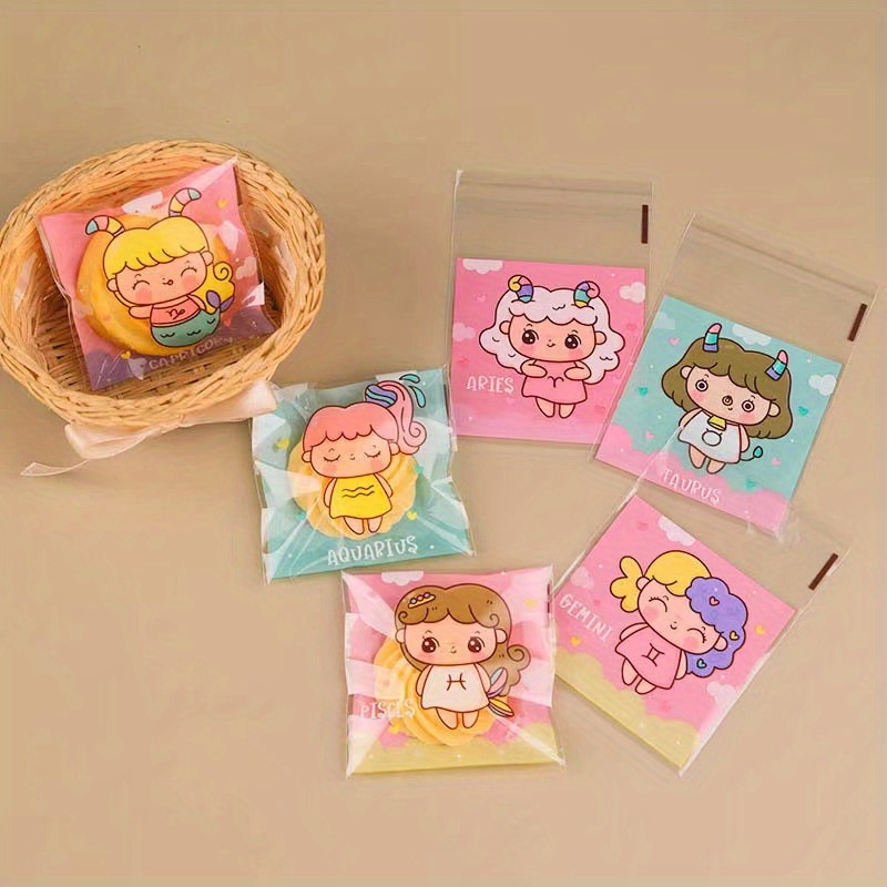 100個の ビ 焼き菓子密封袋 スナック個別包装カートゥーン自己粘着袋 十二星座ビ 袋 Temu Japan