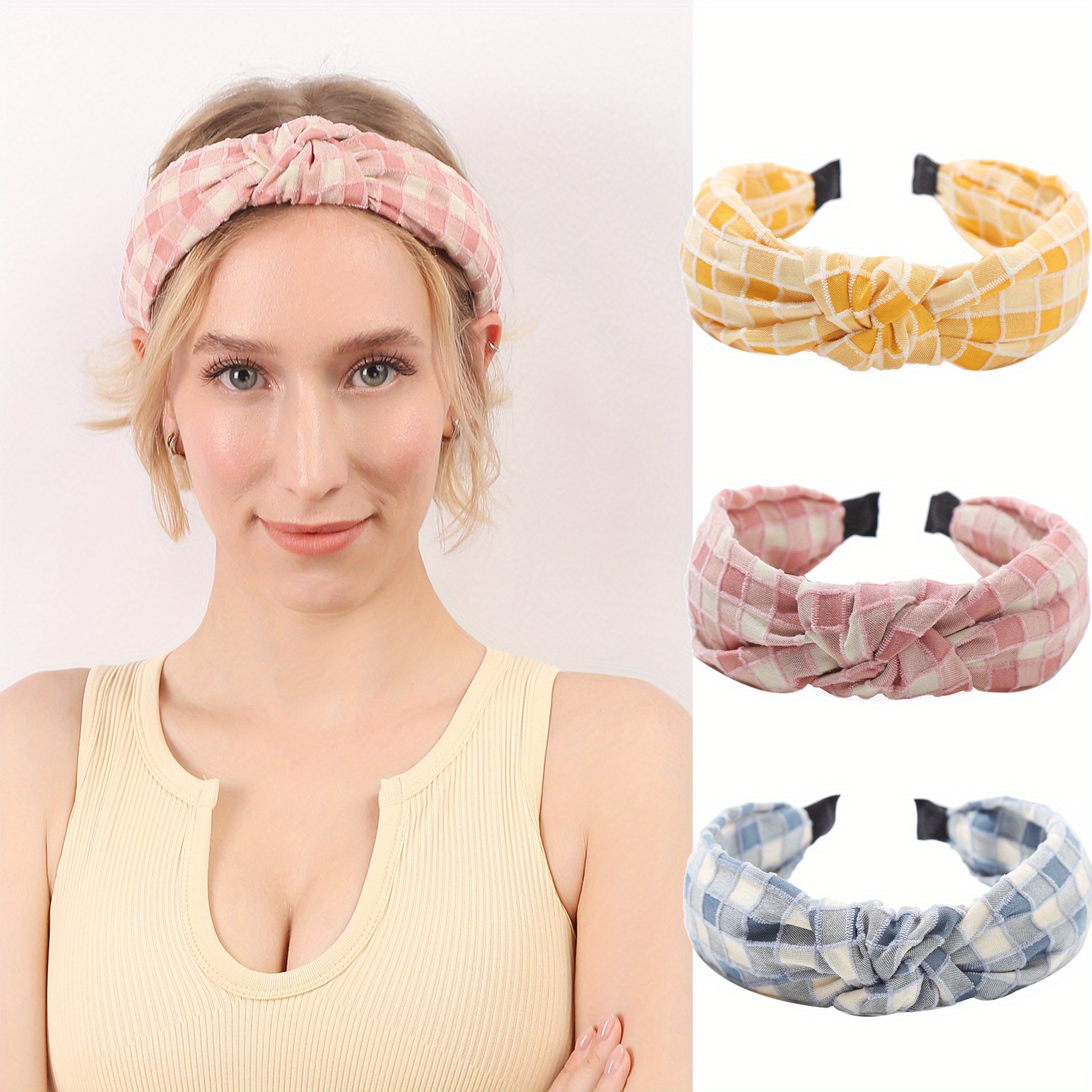 Flocking Plaid Fabric Headband Simple Style Wide Brim Hair - Temu ...