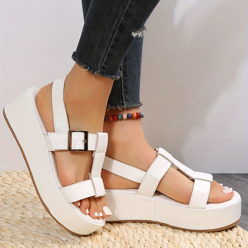girls trendy solid color open toe platform t strap sandals - {region_name}