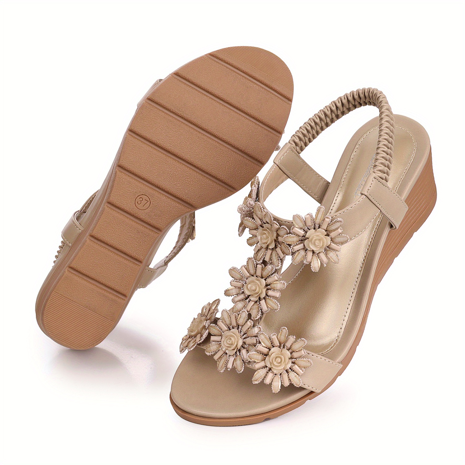Women's Boho Style Wedge Sandals Flower Elastic - Temu