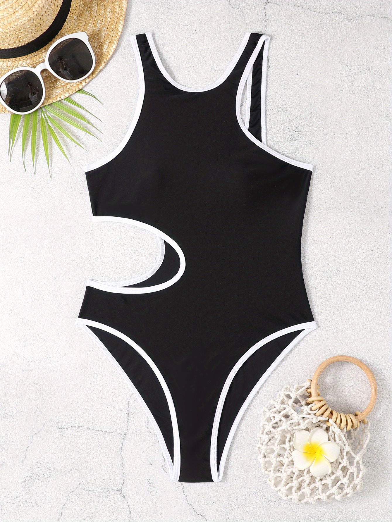 Cut Asymmetric Contrast Trim Swimsuit Black White - Temu New Zealand
