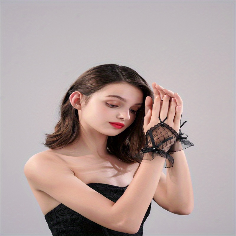 hook finger mesh gloves wedding dress black bow short gloves - Temu New ...