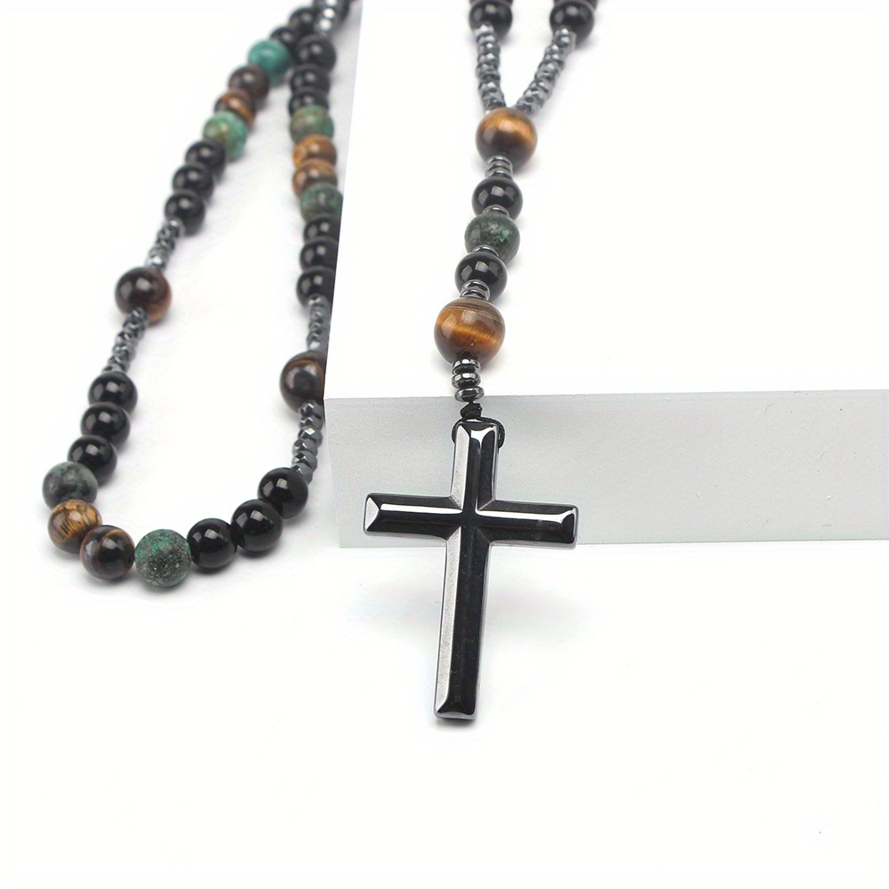 Retro Natural Stone Turquoise Tiger Eye Black Hematite Cross - Temu