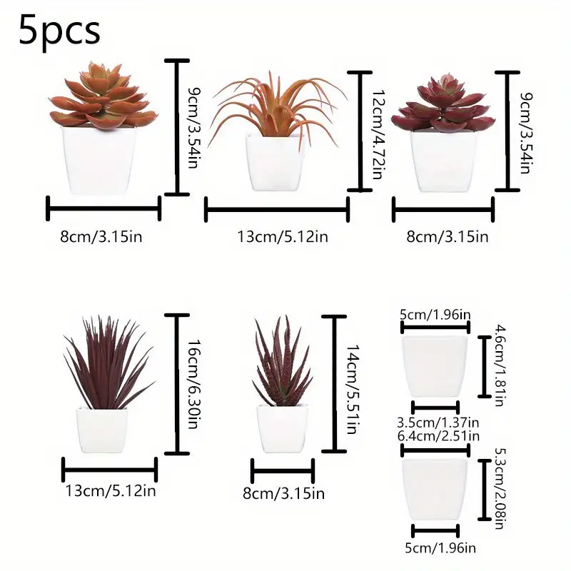 5個の赤いミニ人工多肉植物、小さなフェイク多肉植物の鉢植え、バスルーム、家庭、オフィスデスク、窓辺の愛らしい装飾用の白い正方形セ ポットに入っ