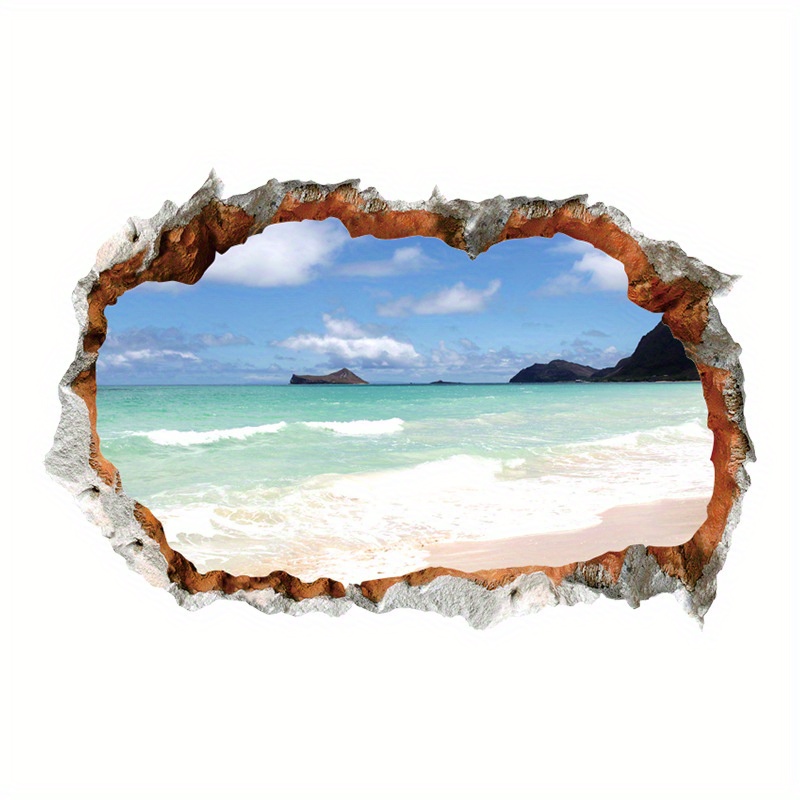 2 Styles 3d Hole Landscape Wall Stickers Ocean Beach Home - Temu Australia