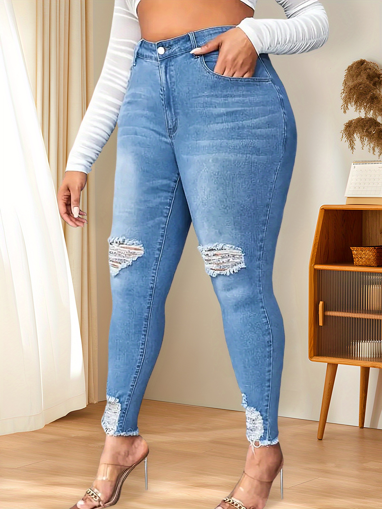 Plus Size Casual Jeans Women's Plus Washed Ripped Hem - Temu United ...