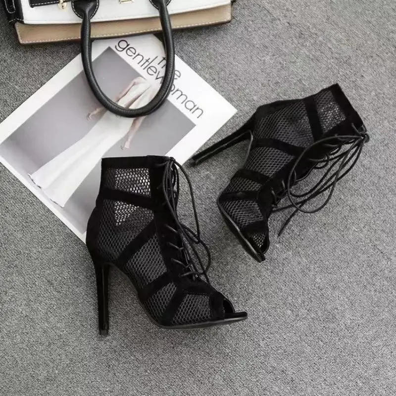 Womens Mesh Stiletto Heel Sandals Sexy Black Lace Peep Toe Temu
