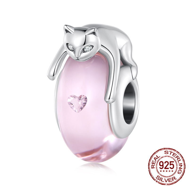 Original 925 Sterling Silver Glass Cat Bead Pink Heart Shaped Zircon ...
