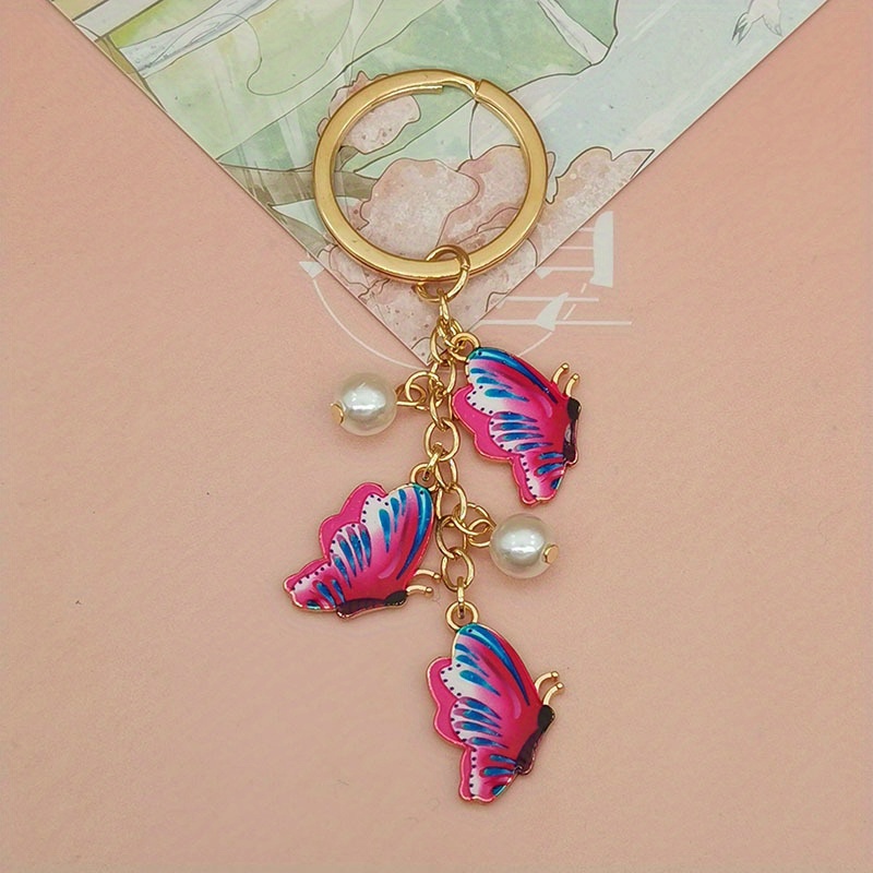Faux Pearl Colorful Butterfly Keychain Pendant Fashion Vintage Car ...