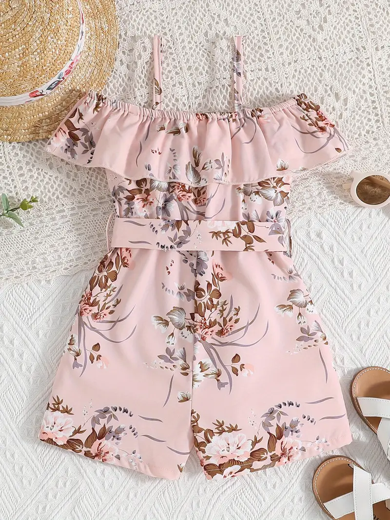 Girls Floral Cold Shoulder Ruffle Trim Belted Romper Temu United