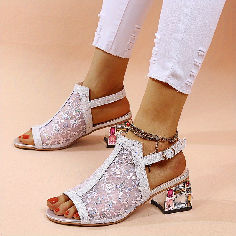 women's chunky heeled sandals toe floral mesh ankle - Temu New Zealand