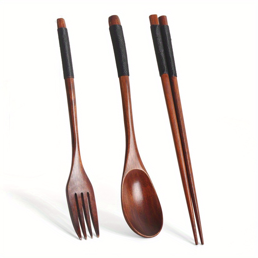 3pcs Solid Wood Tableware Set Wooden Spoon Fork Chopsticks Three Piece ...