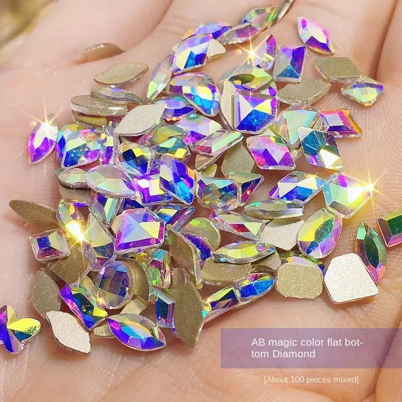 100pcs 혼합 모양 오로라 유리 네일 아트 라인 석 네일 보석 무지개 빛깔의 플랫 다시 라인 석 Temu Korea