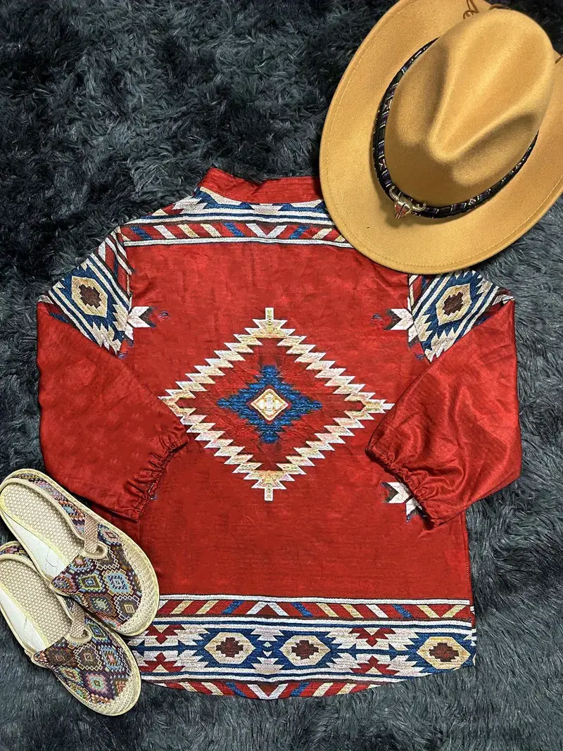 Aztec Print Button Front Blouse Vintage Hem Arc 3 4 Sleeve Temu Australia