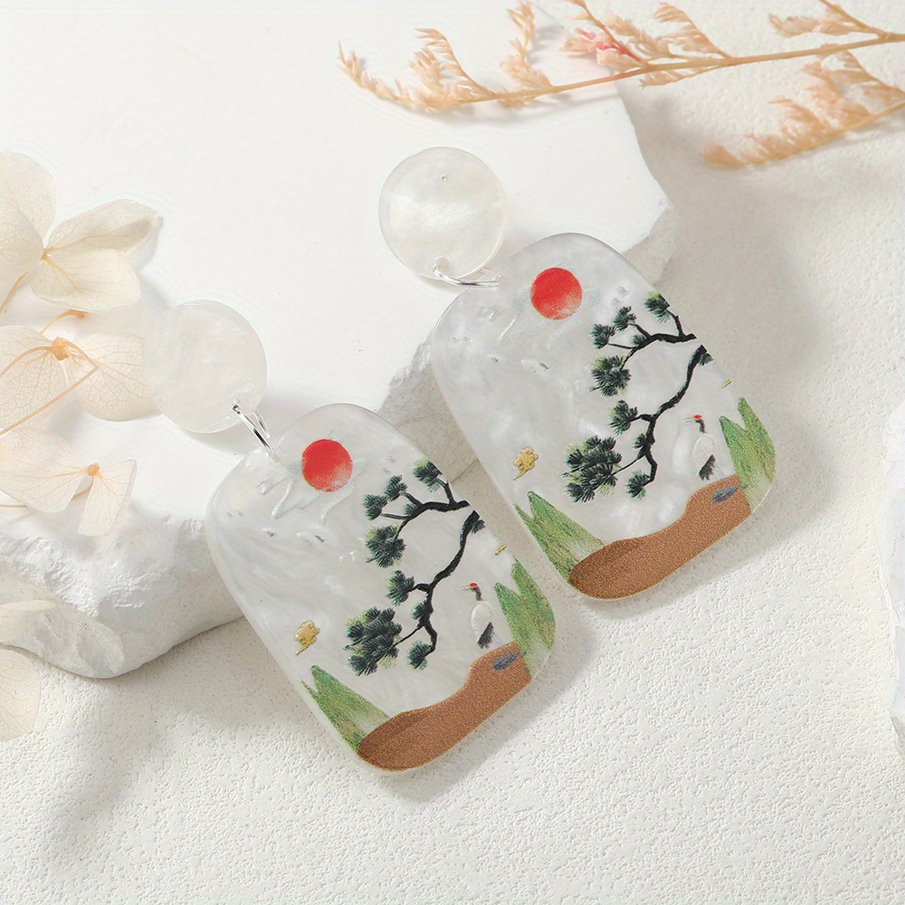 Landscape Pattern Vintage Acrylic Earrings Elegant Plant - Temu Australia