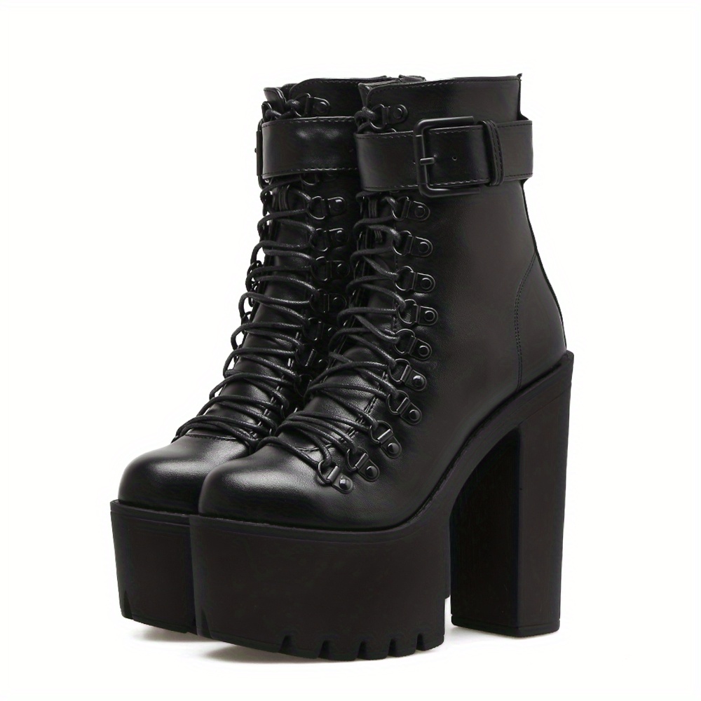 Women's Platform Chunky High Heel Ankle Boots Black Buckle Strap Lace Up Side Zipper Motorcycle ...