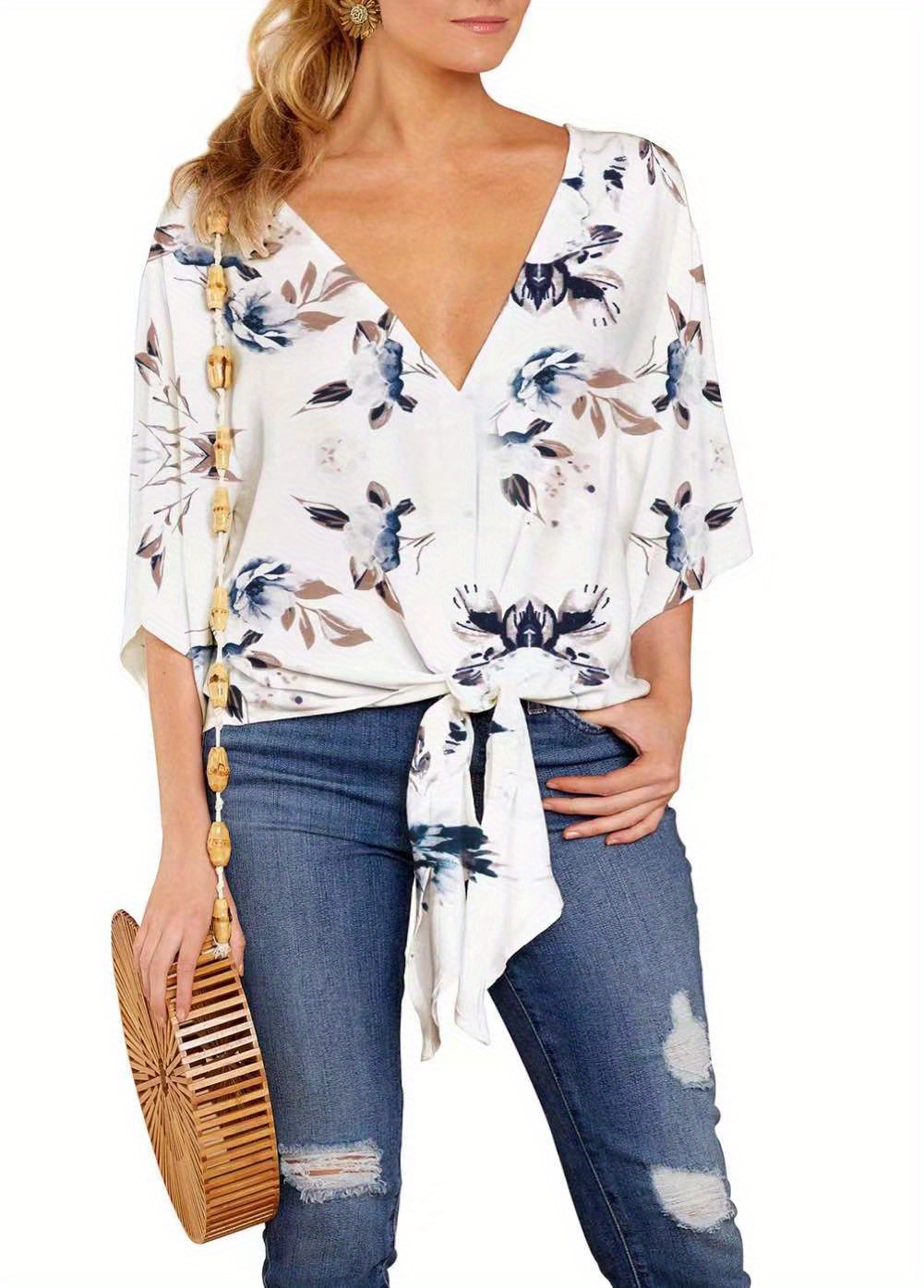 Plus Size Boho Blouse Women's Plus Floral Print Bat Sleeve - Temu Canada