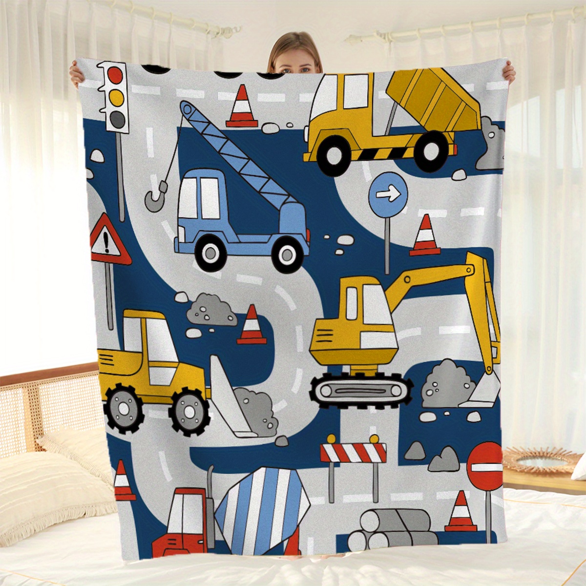 Flannel Blanket Cartoon Tractor Truck Bulldozer Printed - Temu Canada