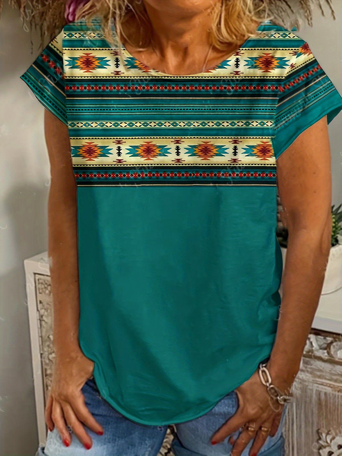 Aztec Print Ethnic T shirt Vintage Crew Neck Short Sleeve T - Temu Denmark