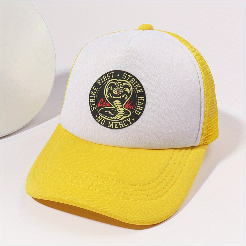 Cobra Label Print Baseball Cap Yellow White Color Block Mesh Trucker ...