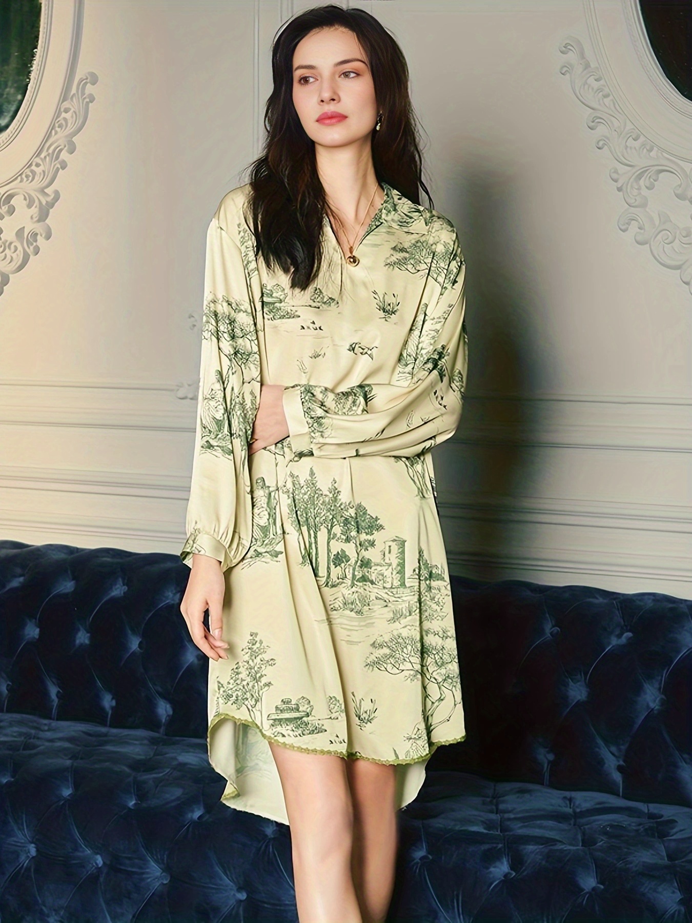 Landscape Print Lounge Robes Elegant V Neck Long Sleeve - Temu Australia